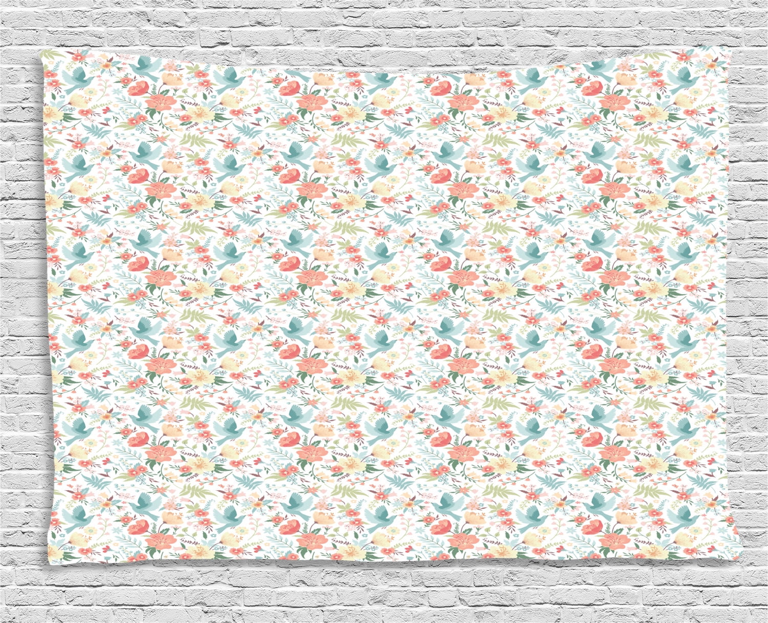 Birds Tapestry, Flying Blue Pigeons Carrying Tiny Flower on the Beak ...