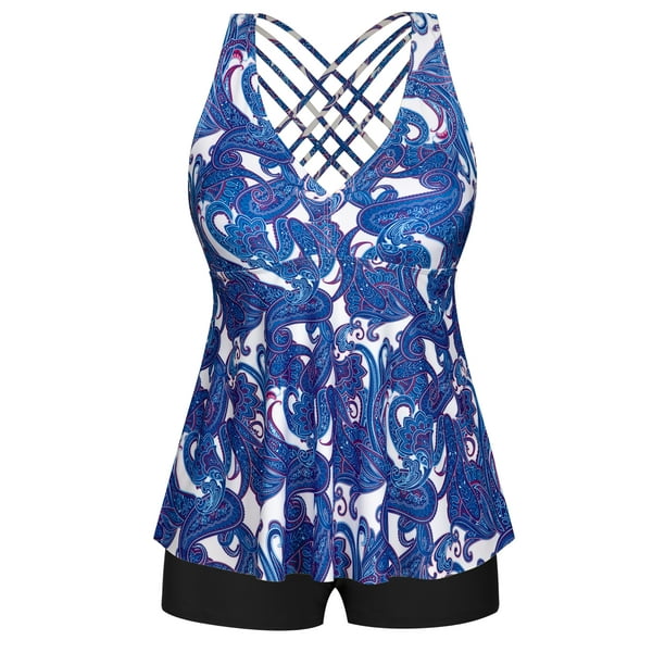 Chama Womens Plus Size Two Piece Bathing Suits Flowy V Neck Tankini