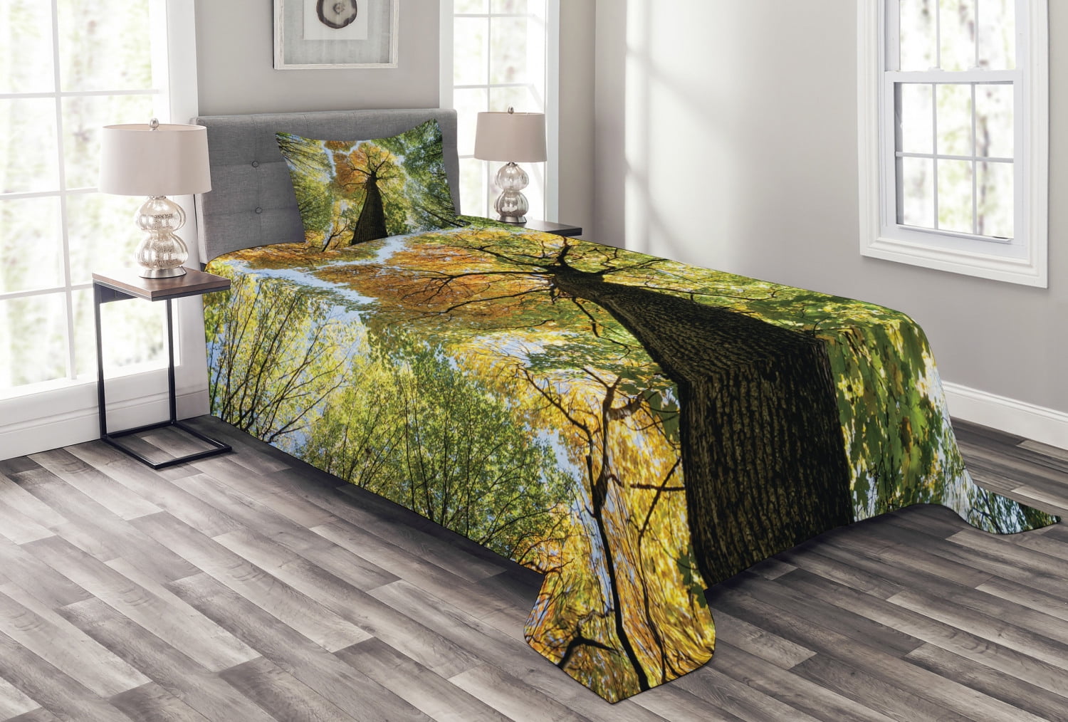 Tree Bedspread Set Twin Size, Ancient Forest in Autumn Green Nature ...