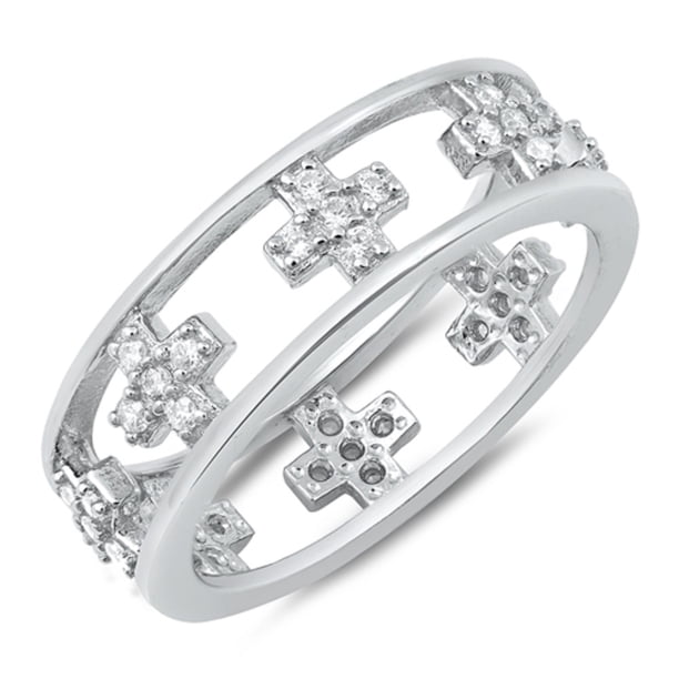 All in Stock - Clear Cubic Zirconia All Around Cross Double Band Ring ...