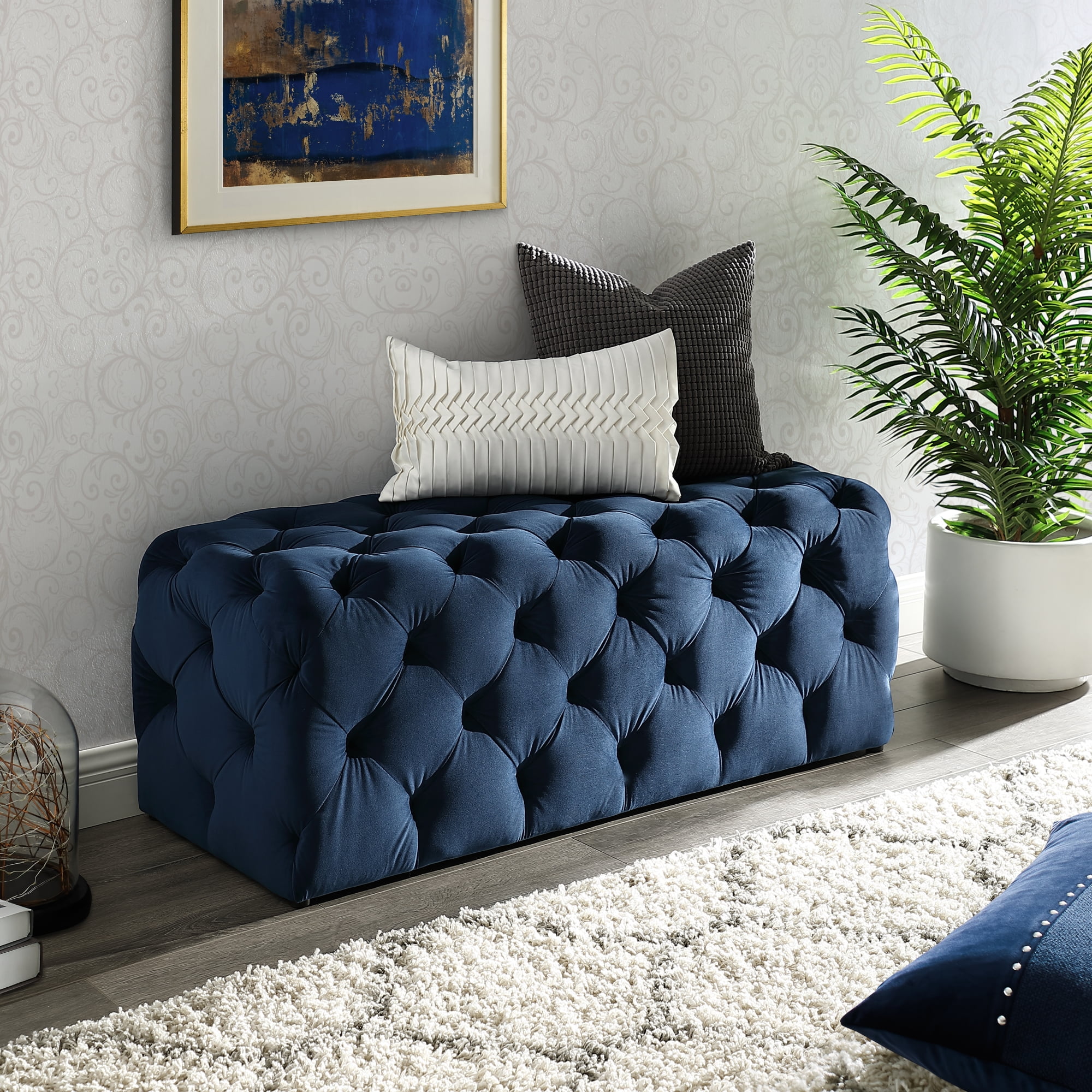 Kara Navy Velvet Bench - Tufted Allover - Walmart.com
