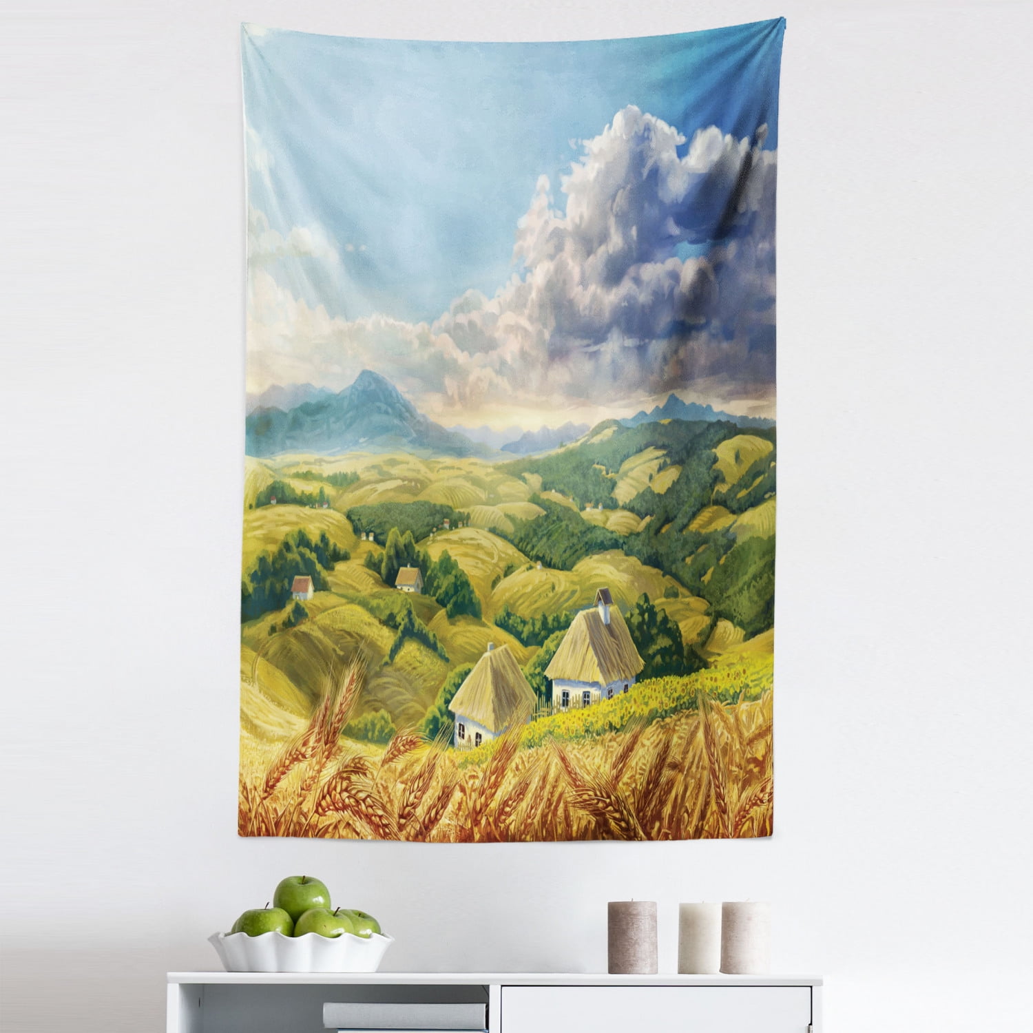 Landscape Tapestry, Summer Rural Landscape with Wheat and Small Country ...
