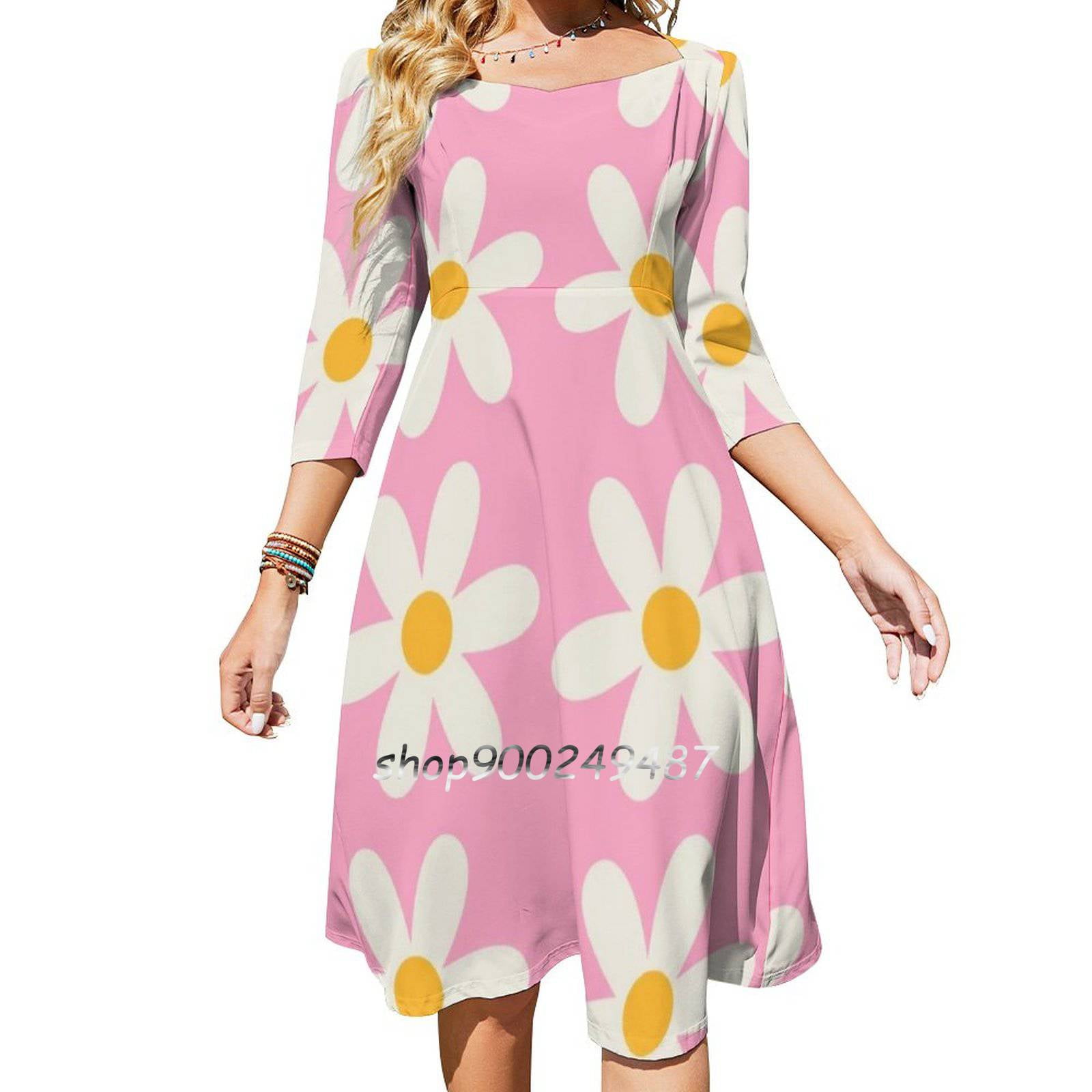 Pink Daisy Design Evening Party Dresses Midi Sexy Dress Female Sweet ...