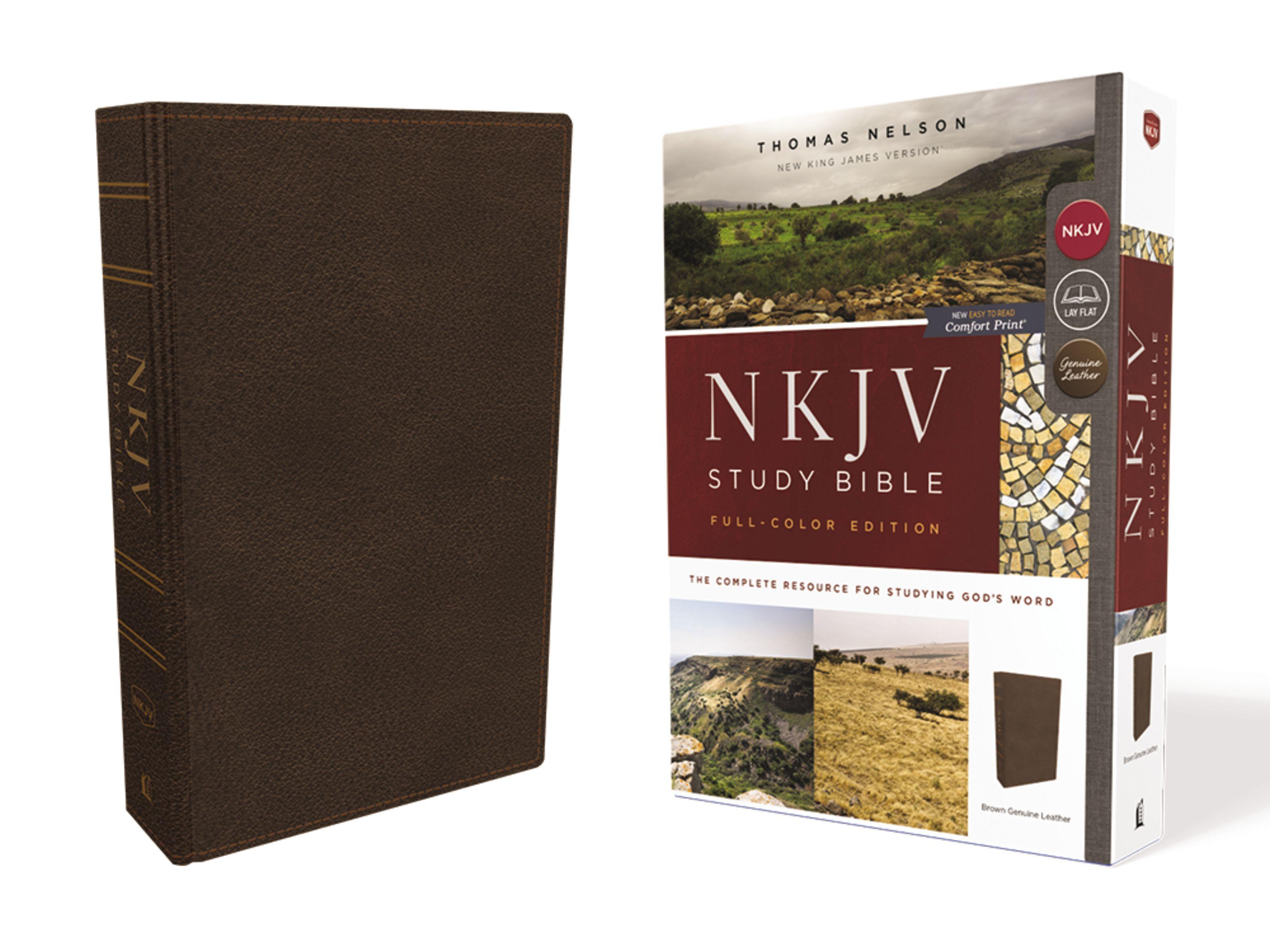 NKJV Study Bible Premium Calfskin Leather Brown Full Color Red