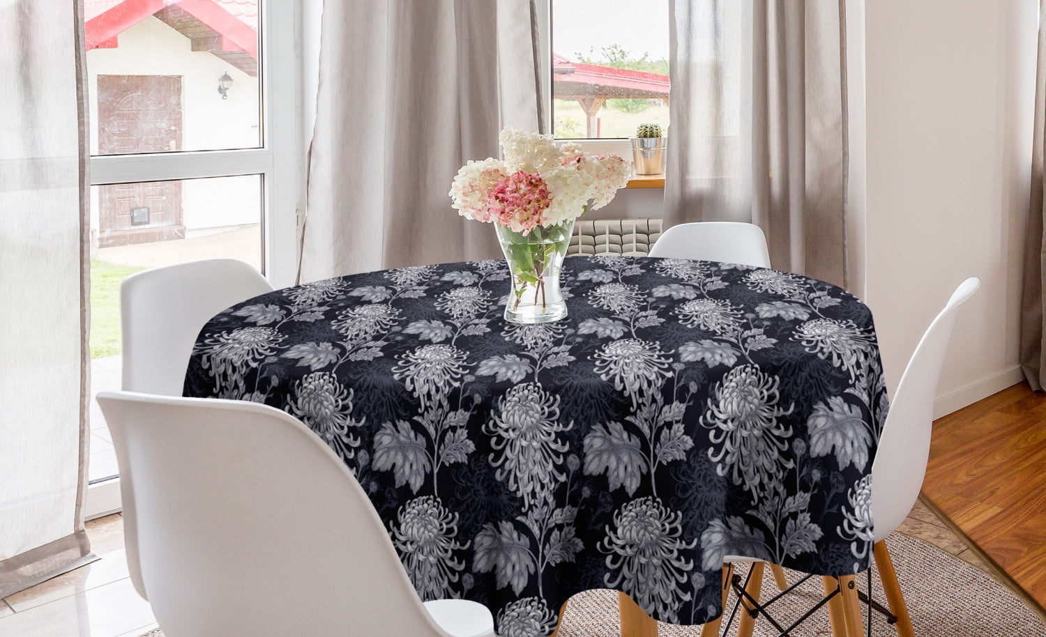 Floral Round Tablecloth, Gothic Flower Bouquet Chrysanthemum Blooming ...