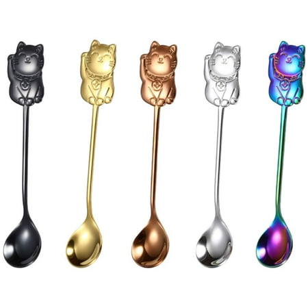 5Pcs Stainless Steel Teaspoon with Fortune Cat Pattern Coffee Spoons ...
