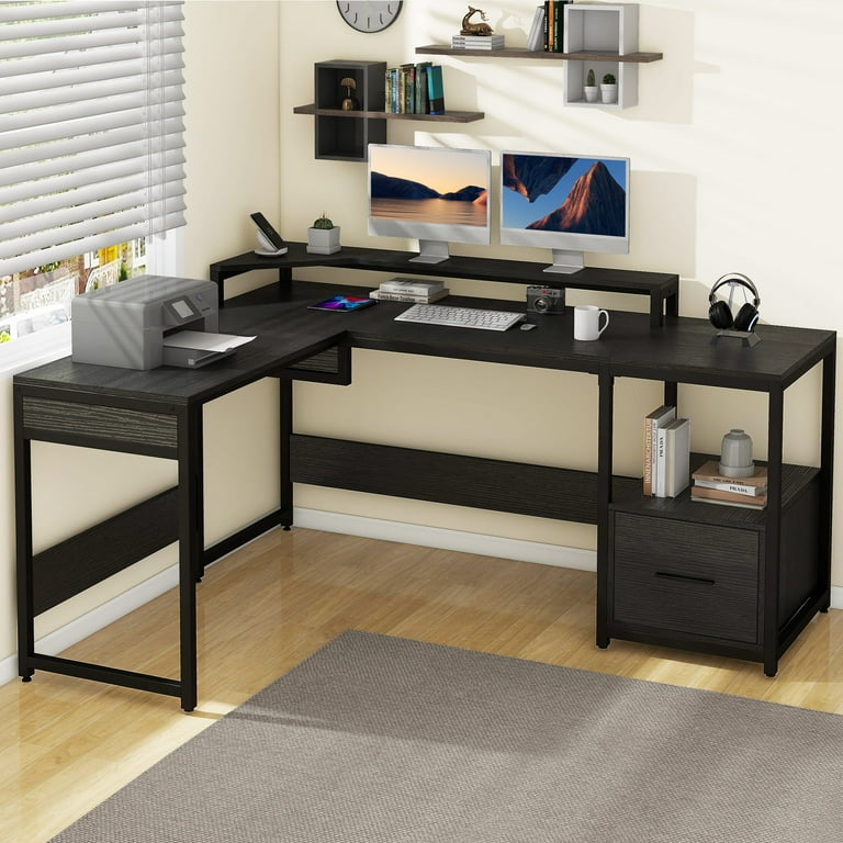 DWVO L Shaped Computer Desk with File Drawer 65 L Shaped Desk with Monitor Stand Corner Home Office Desk with Lift Top Height Adjustable Standing