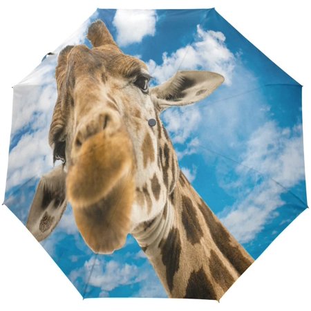 Blue Sky Cute Giraffe Head 3 Folds Auto On Close Anti-UV Umbrella ...