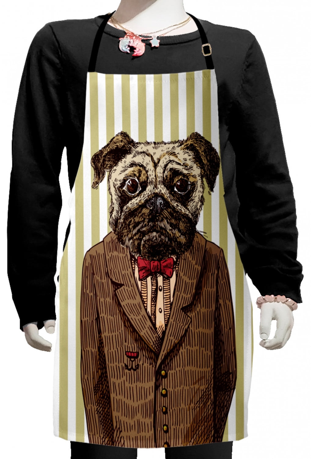 Pug Kids Apron, Hand Drawn Sketch of Smart Dressed Dog Jacket Shirt Bow ...