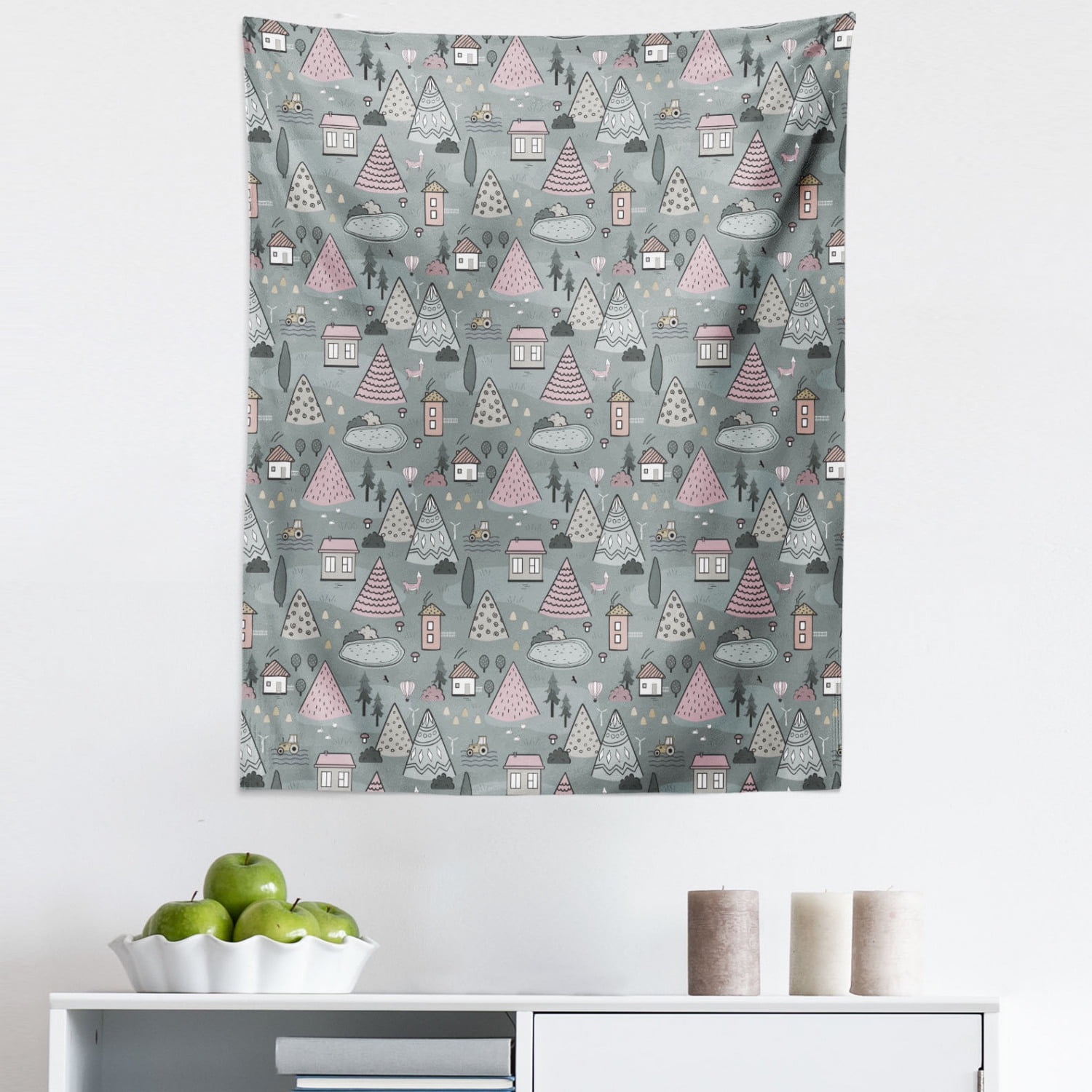Farm Tapestry, Rural Life Themed Continuous Pastel Pattern of Country ...