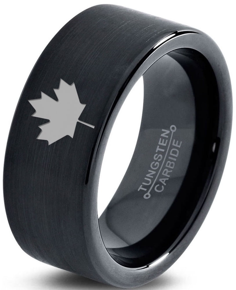 Tungsten Canadian Maple Leaf Band Ring 9mm Men Women Comfort Fit Black ...