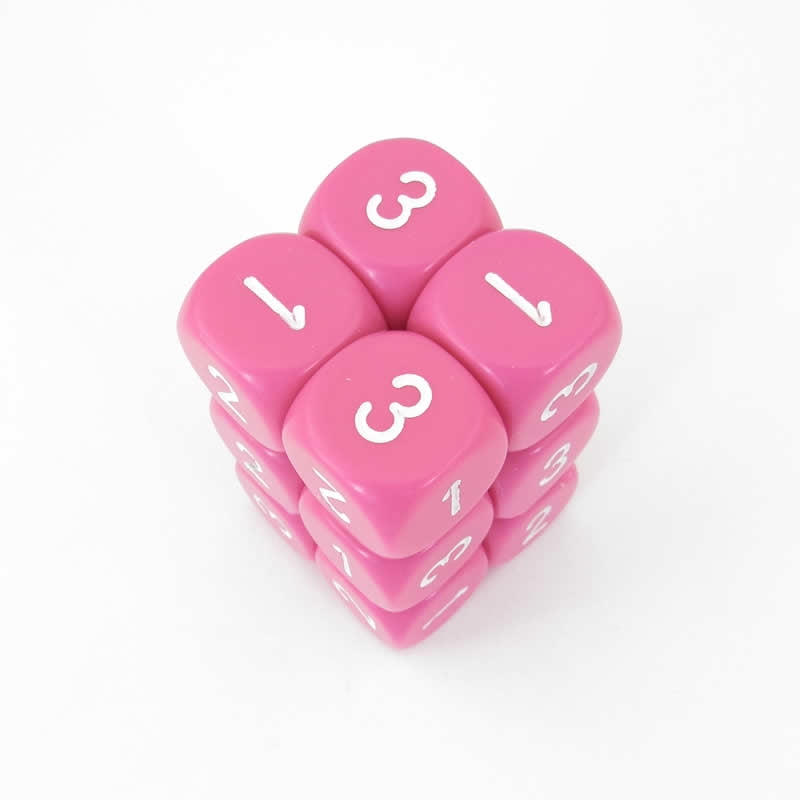 Pink Opaque Dice with White Numbers D3 (d6 1-3 Twice) 16mm (5/8in) Pack ...