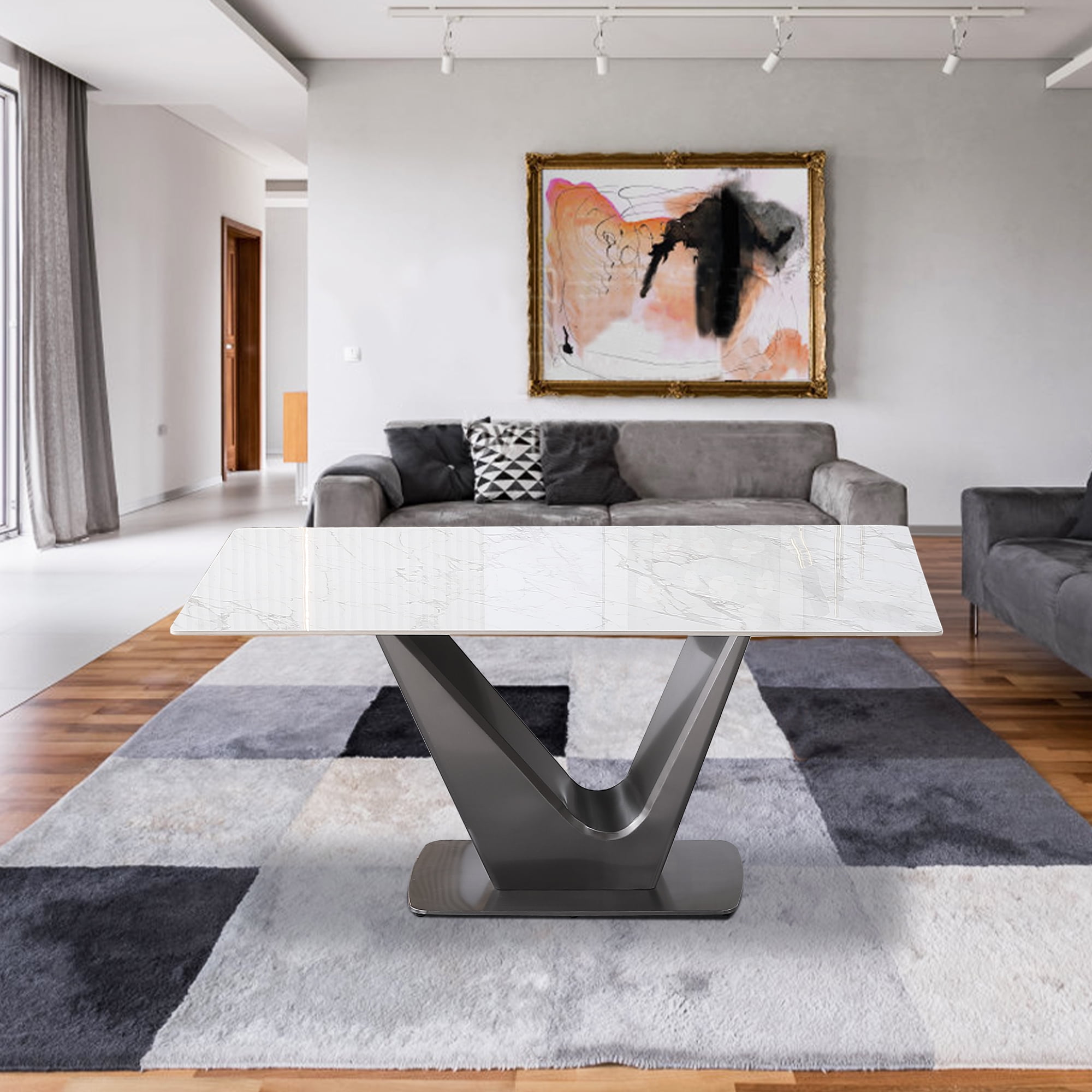 Leavader 71” White Stone Home Kitchen Dining Room Table Set for 6 ...