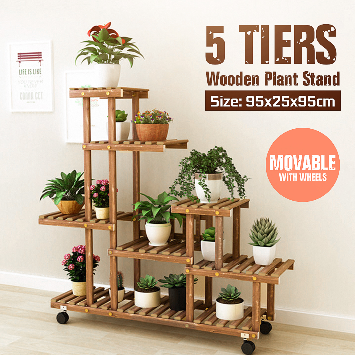 5 Tier Rolling Plant Stand Natural Wood Plant Rack With Wheels Indoor