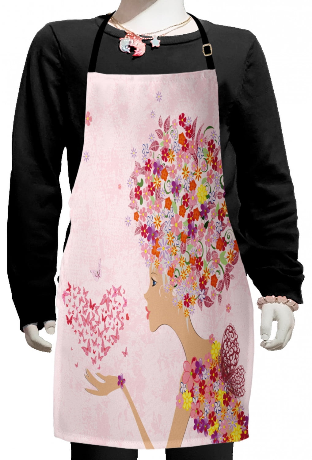 Pink Kids Apron, Fashion Flowers Girl with Heart of Butterflies Wings ...