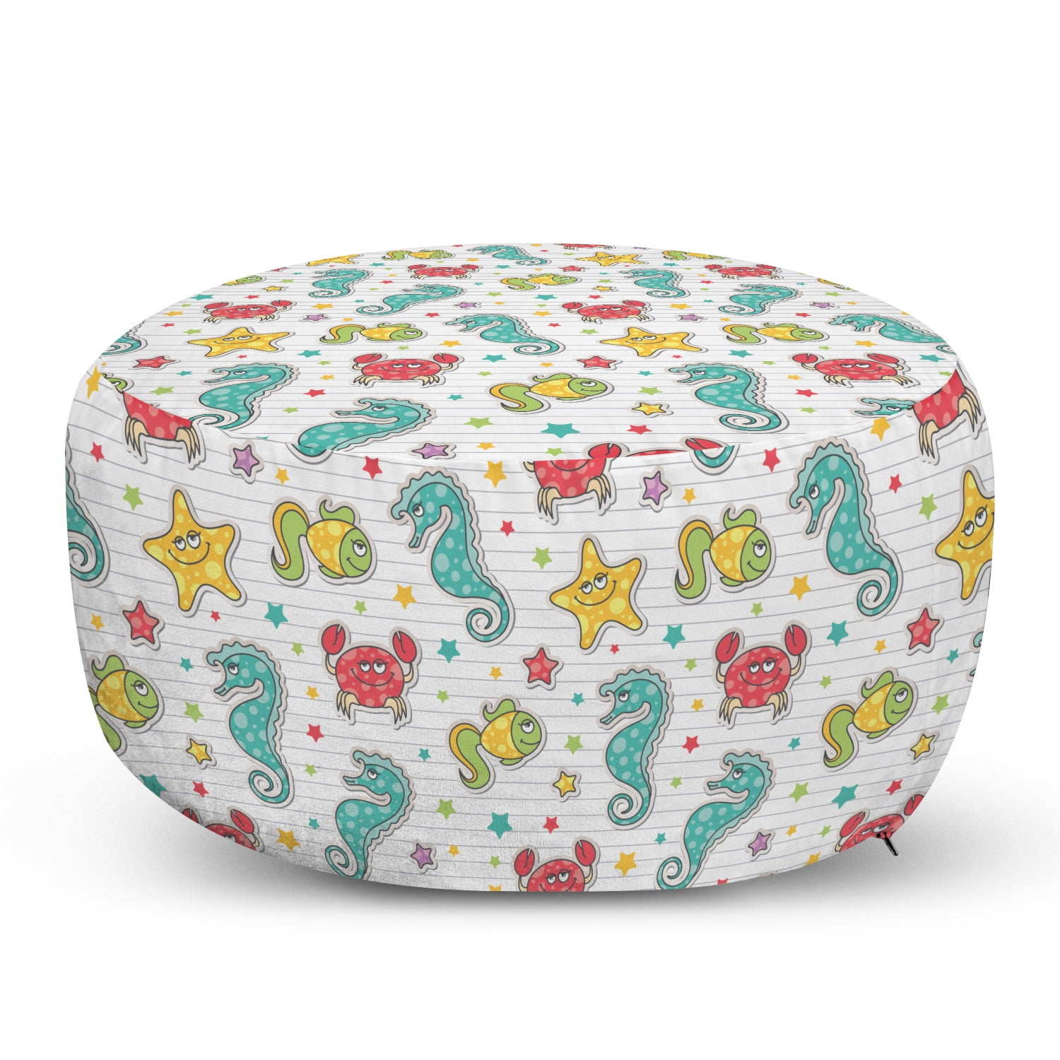 Cartoon Pouf Cover with Zipper, Sea Creatures with Seahorse Crabs Fish ...