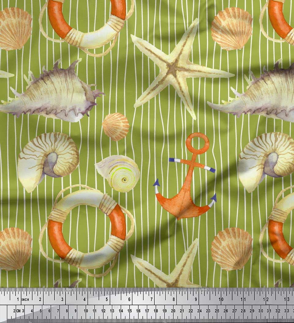 Soimoi Green Satin Silk Fabric Stripe,Seashell & Starfish Ocean Print ...