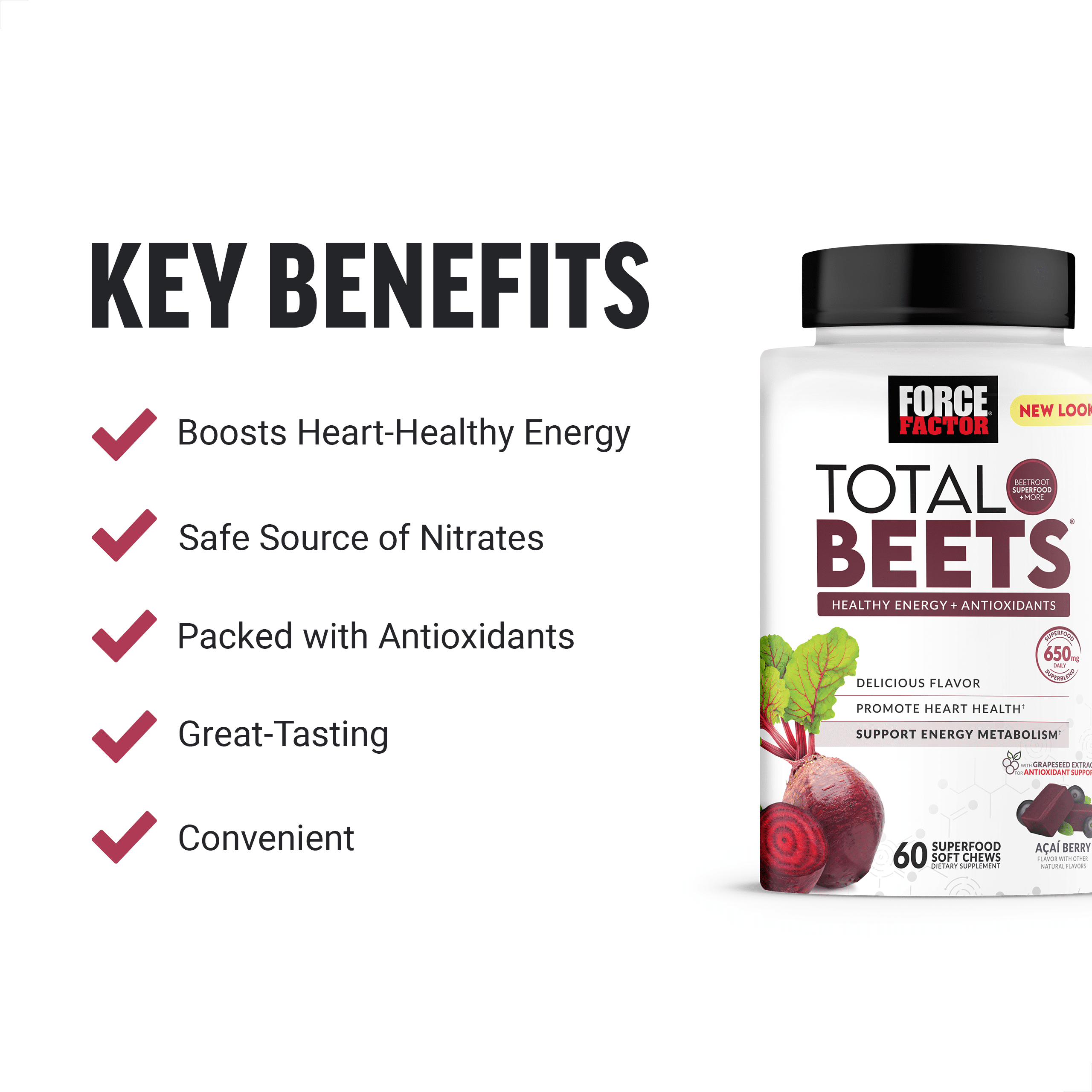 Force Factor Total Beets Soft Chews with Beetroot Supplement, 60 Chews ...
