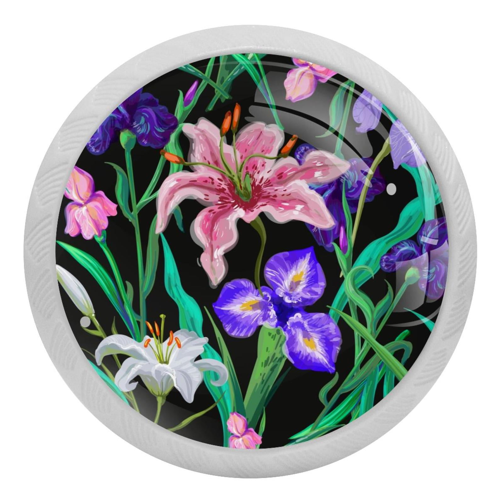 4PCS Round Flowers Iris Lily Cabinet Fluorescence Knob Glowing in the ...