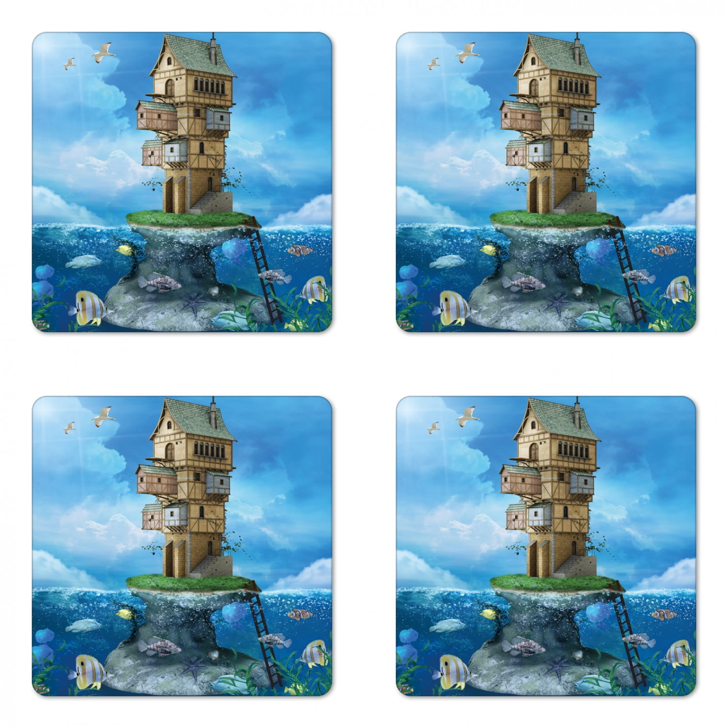 Cartoon Coaster Set of 4, Fantasy Fisherman House Fairytale Underwater ...