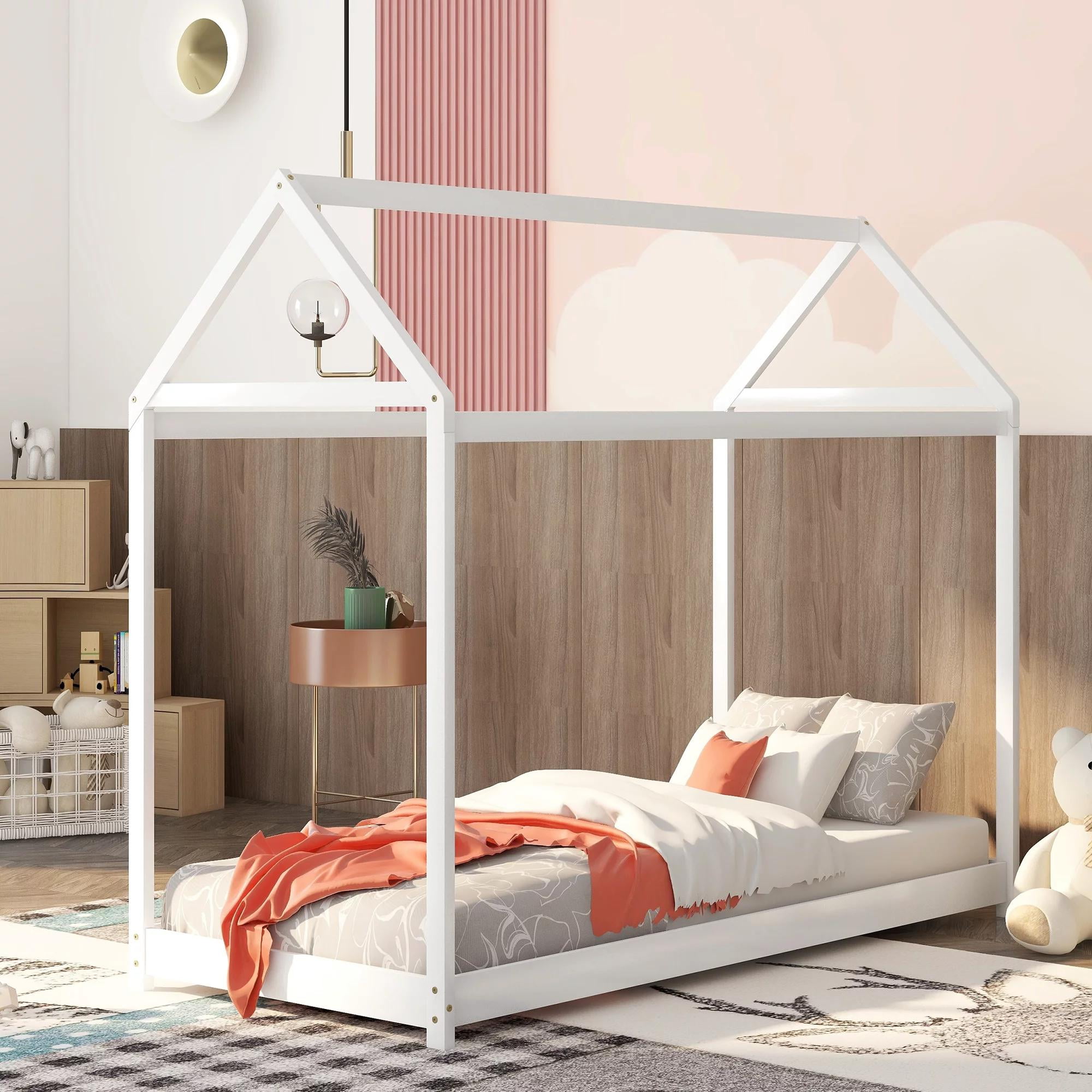 Gewnee Wood Twin Size Kids House Bed Frame,Montessori Floor Bed for ...