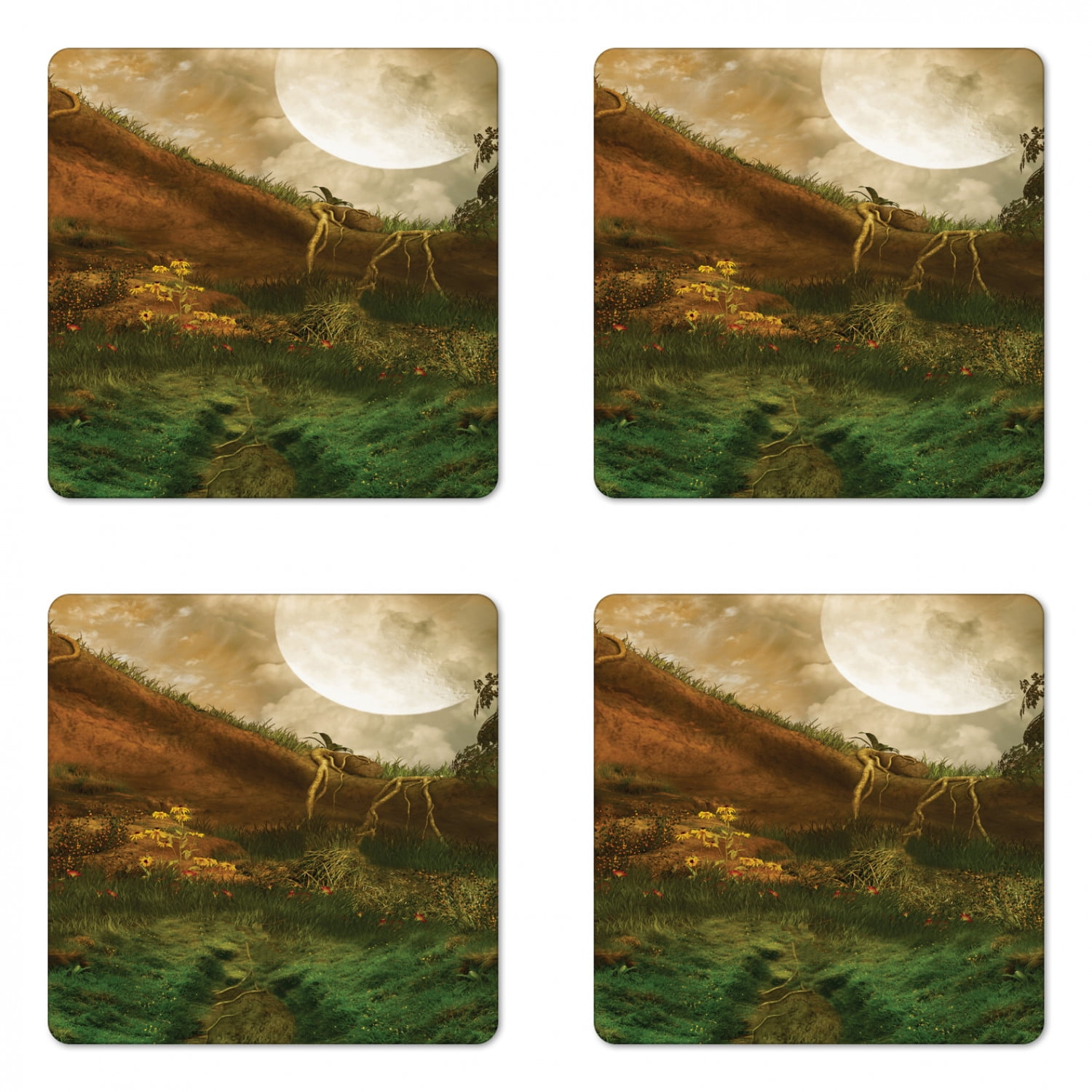 Nature Coaster Set of 4, Exquisite Valley with Giant Full Moon Sky ...