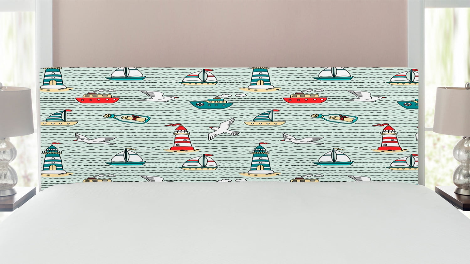 Lighthouse Headboard, Seagulls Lighthouses Message Bottles Steamboats ...