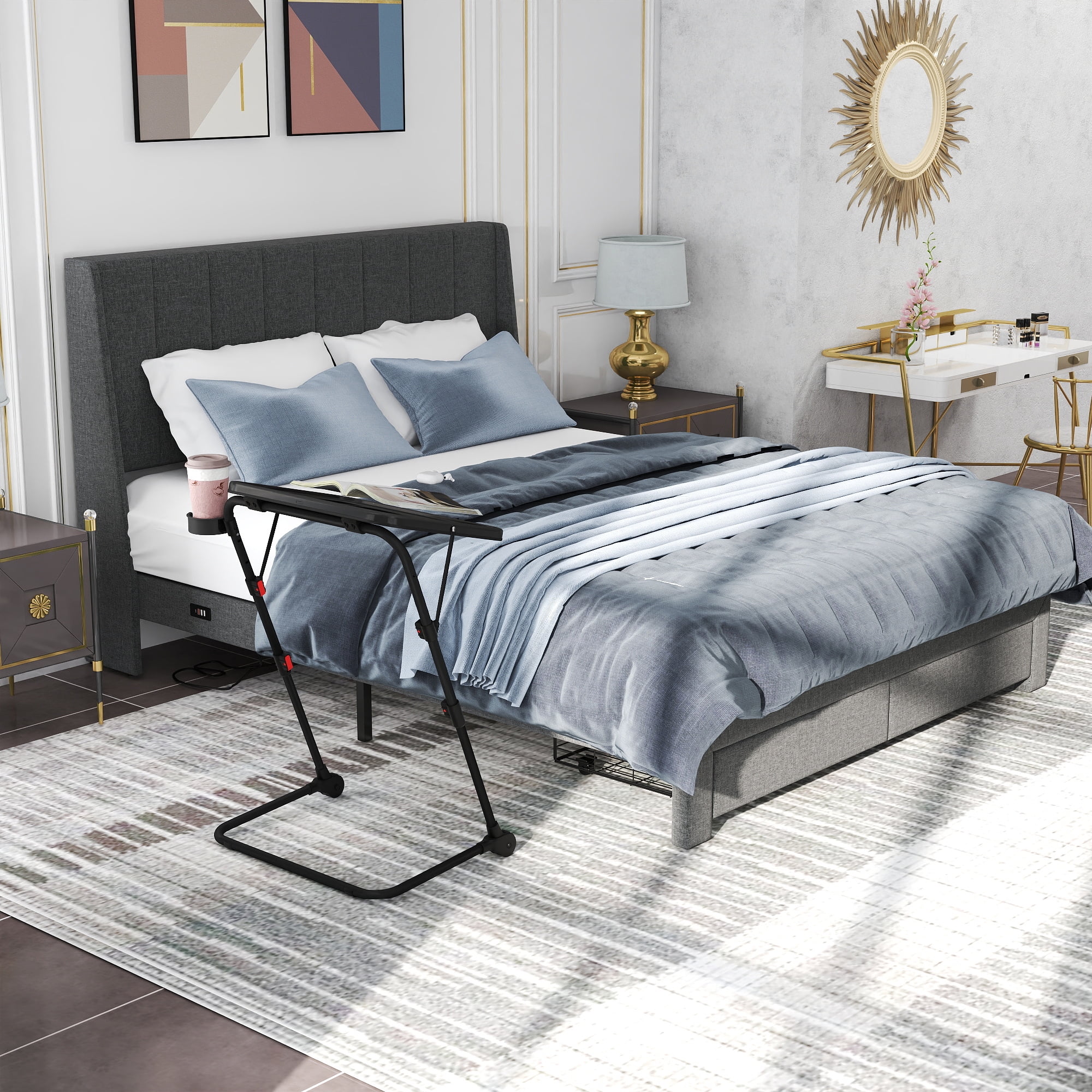 Homy Casa Queen Size Upholstered Bed Frame with Portable Tray Table for ...