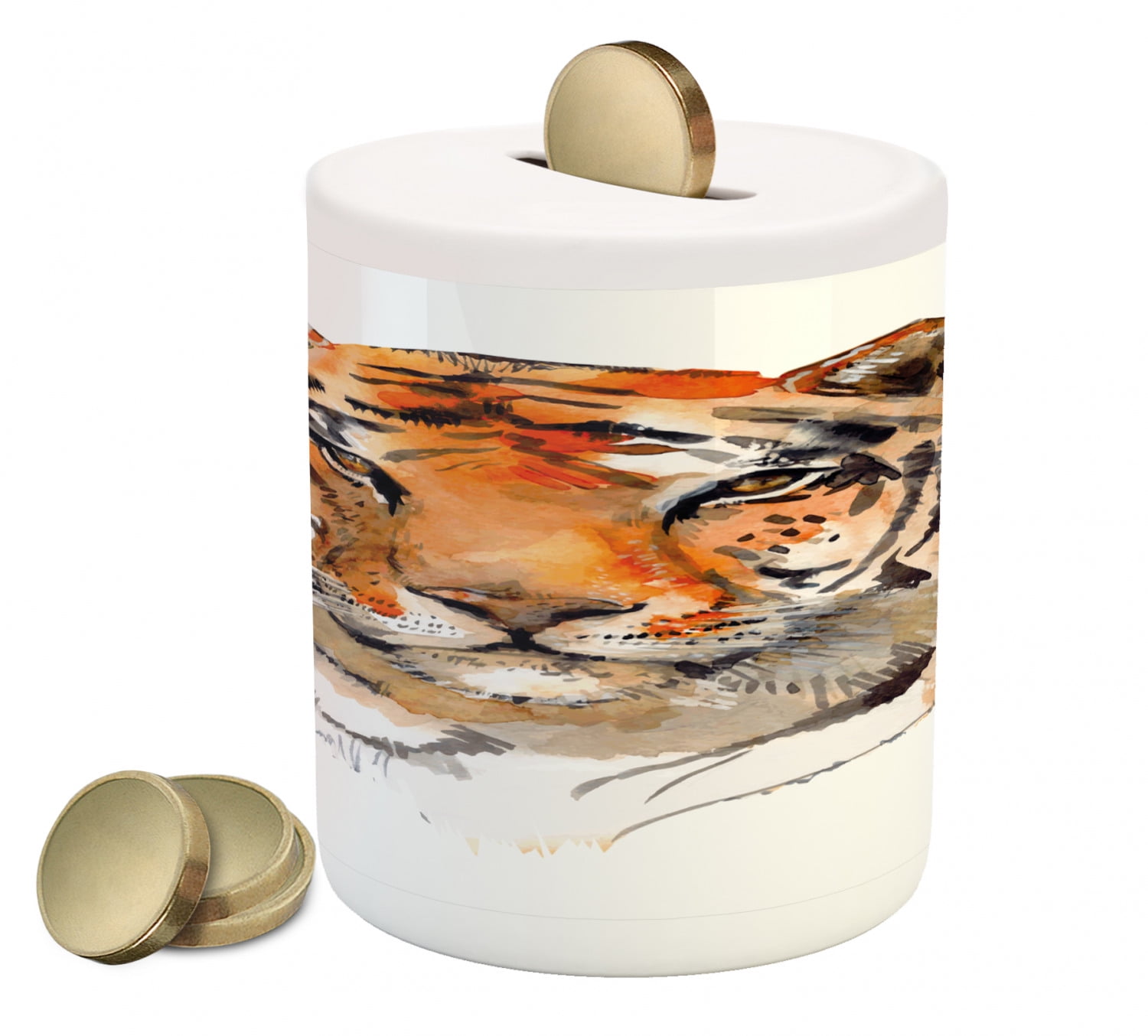 Tiger Piggy Bank, Feline Animal with Calming Stare Hand Drawn ...