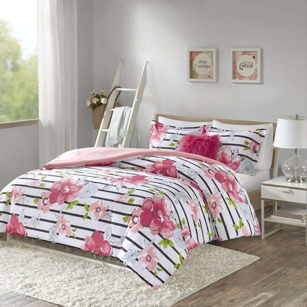 Comfort Spaces Spring Microfiber 3-Piece Pink Floral Striped Floral ...