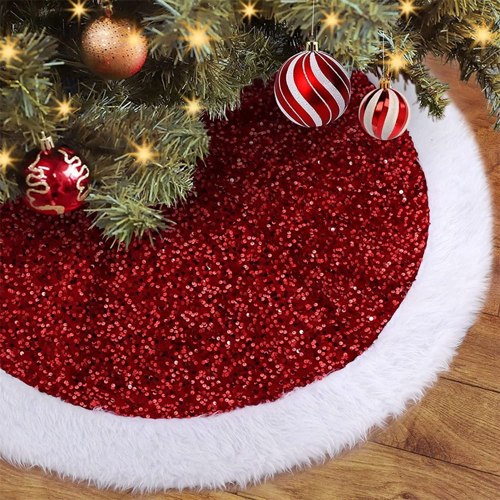 NOGIS Christmas Tree Skirt 48 inch Shiny Red Sequin Sparkly with Faux ...