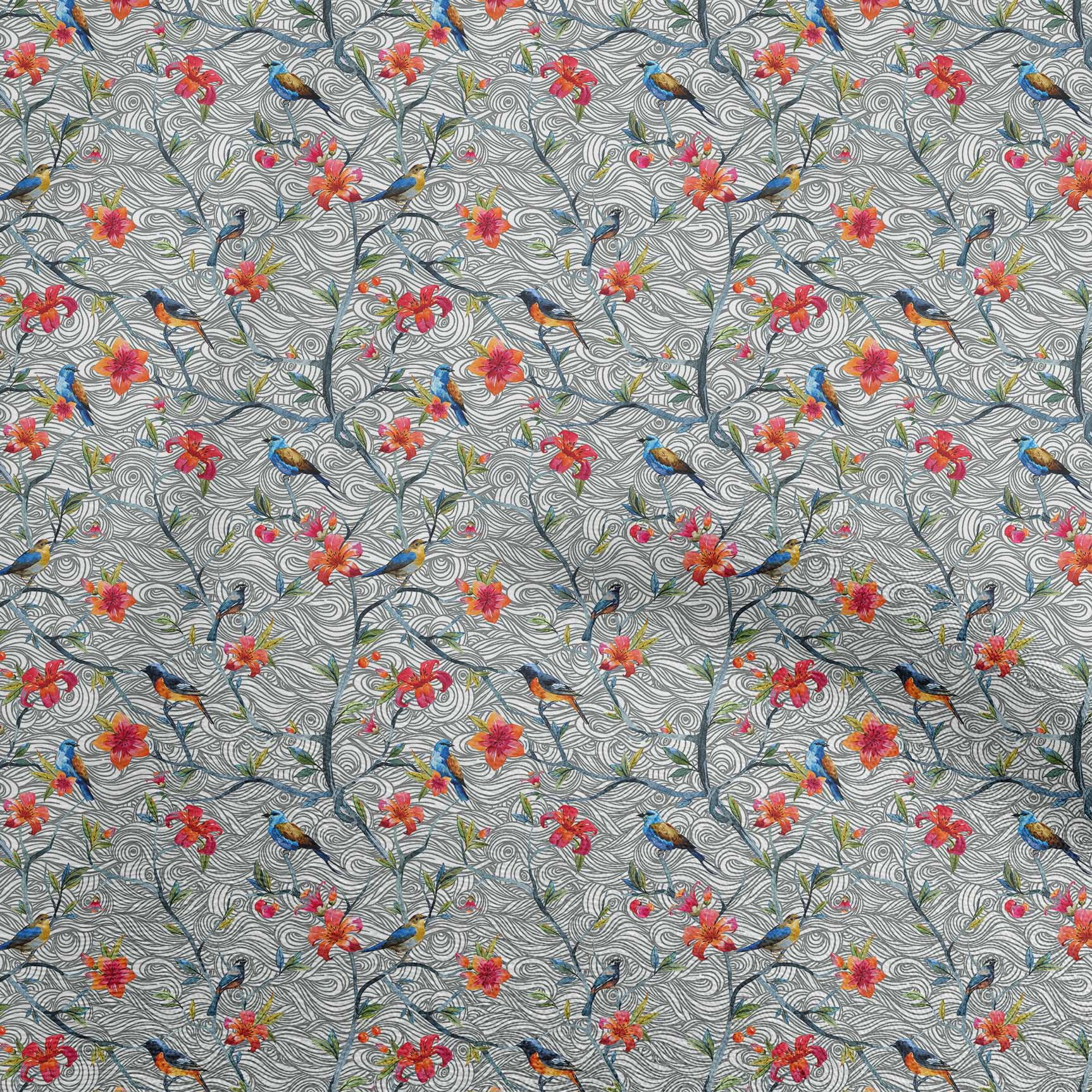 oneOone Silk Tabby Gray Fabric Floral Flower With Bird Fabric For ...
