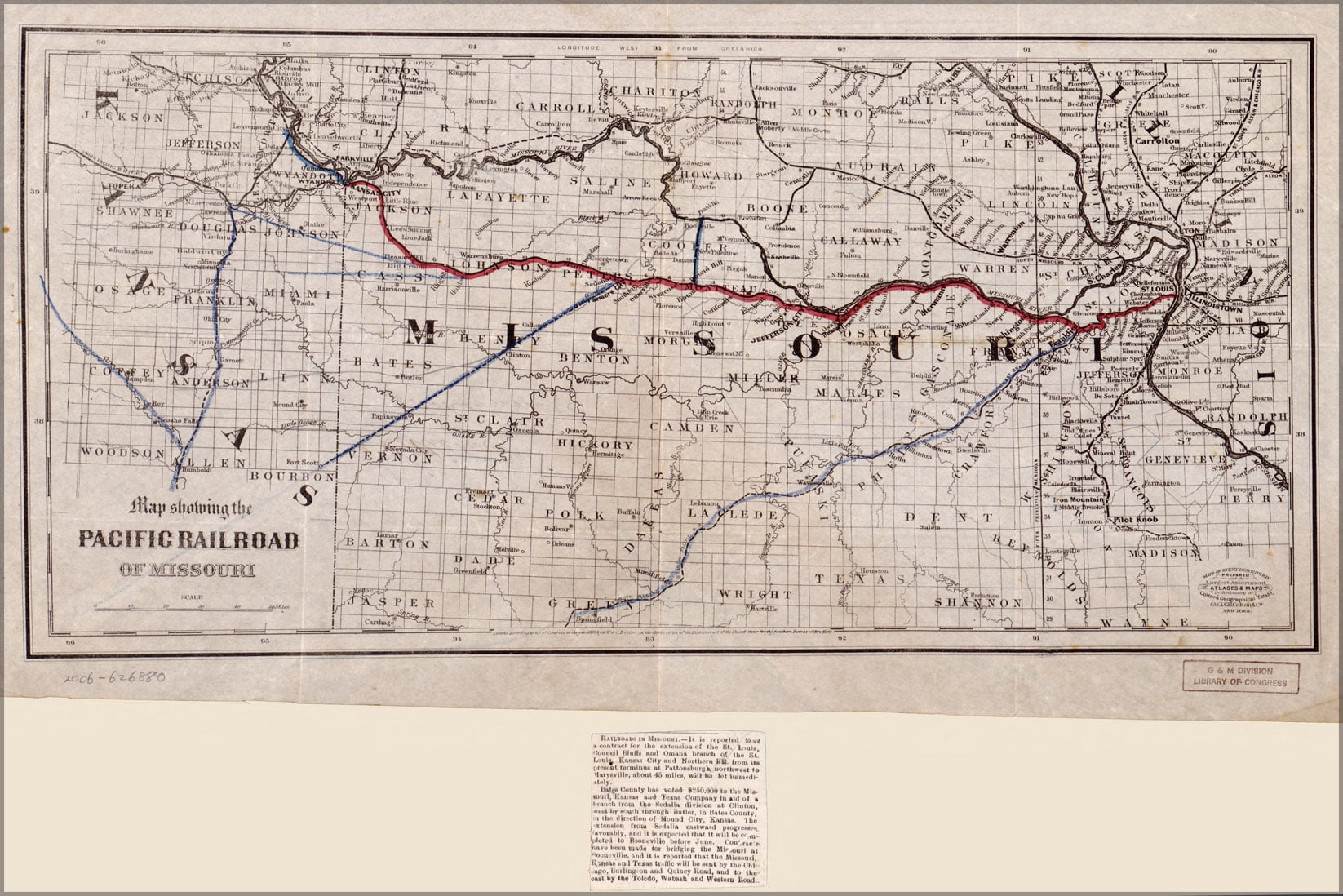 24"x36" Gallery Poster, Map showing the Pacific Railroad of Missouri ...