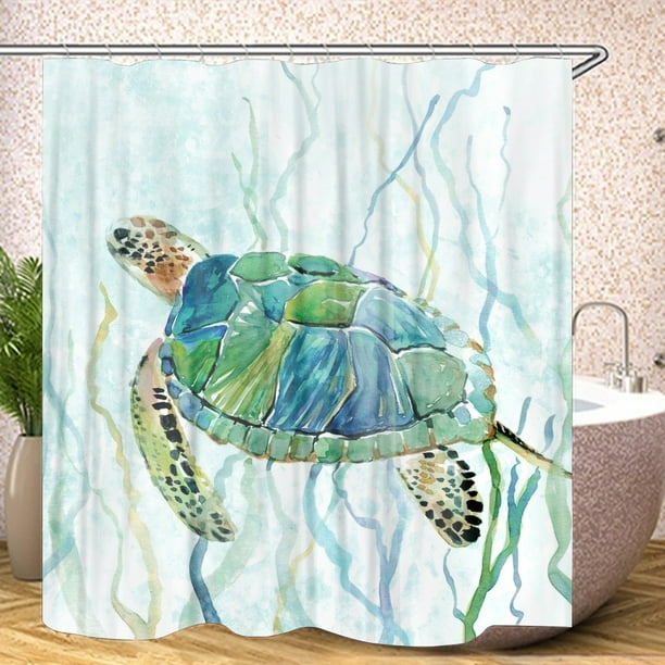 Funny Sea Turtle Shower Curtain Set Teal Blue Sea Ocean Waterproof