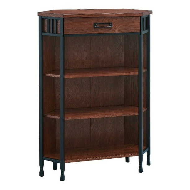 Ironcraft Wood Drawer Mantel Height Corner Bookshelf in Oak and Matte ...