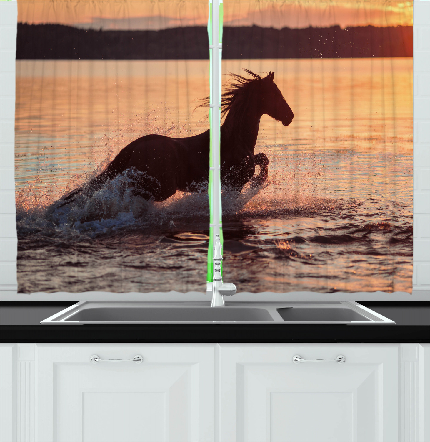 Equestrian Curtains 2 Panels Set, Horse Sea at Sunset Time Horizon ...