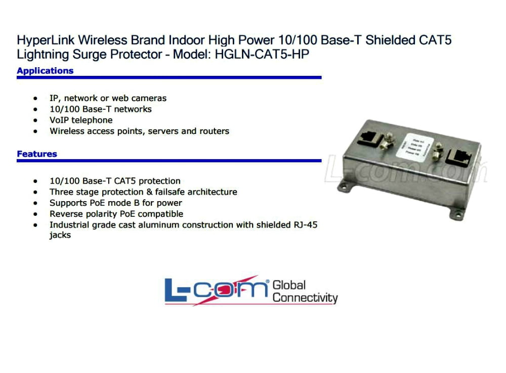 L-Com HGLN-CAT5-HP Indoor Base-T Shielded CAT5 Lightning Surge ...