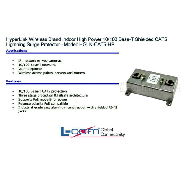 L-Com HGLN-CAT5-HP Indoor Base-T Shielded CAT5 Lightning Surge ...