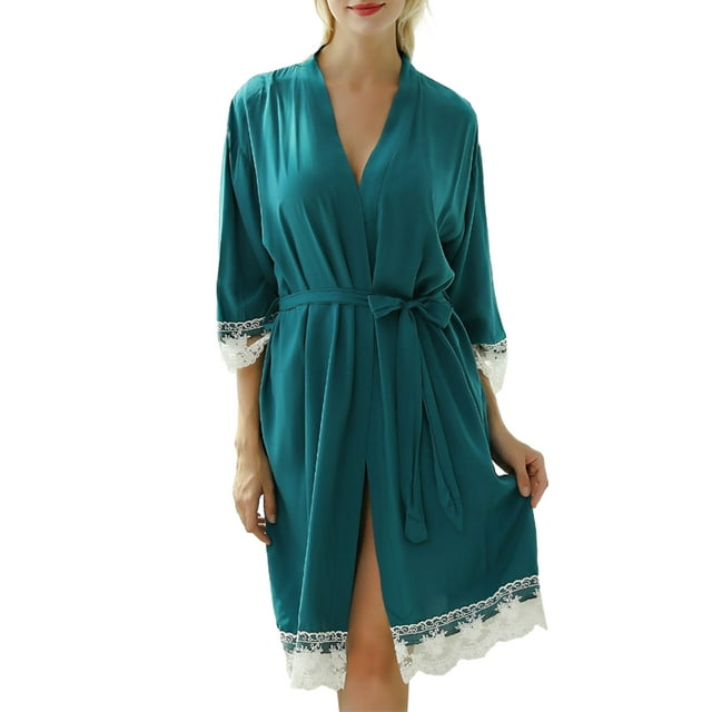 Biekopu Women Silk Robes Lace Trim Short Satin Sleepwear 3/4 Sleeve V ...