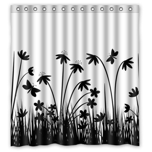 Hellodecor Black And White Floral Shower Curtain Polyester Fabric