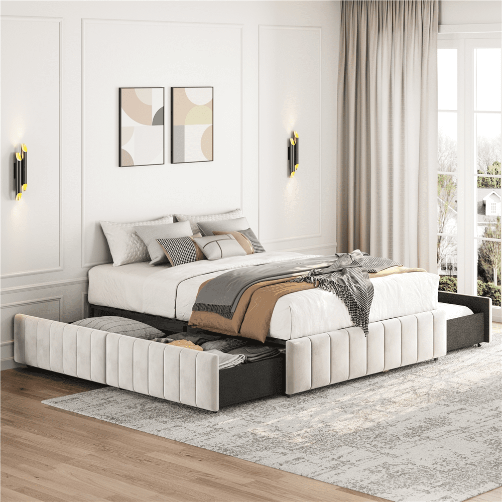 Topeakmart Full Size Upholstered Storage Bed with 4 Storage Drawers ...