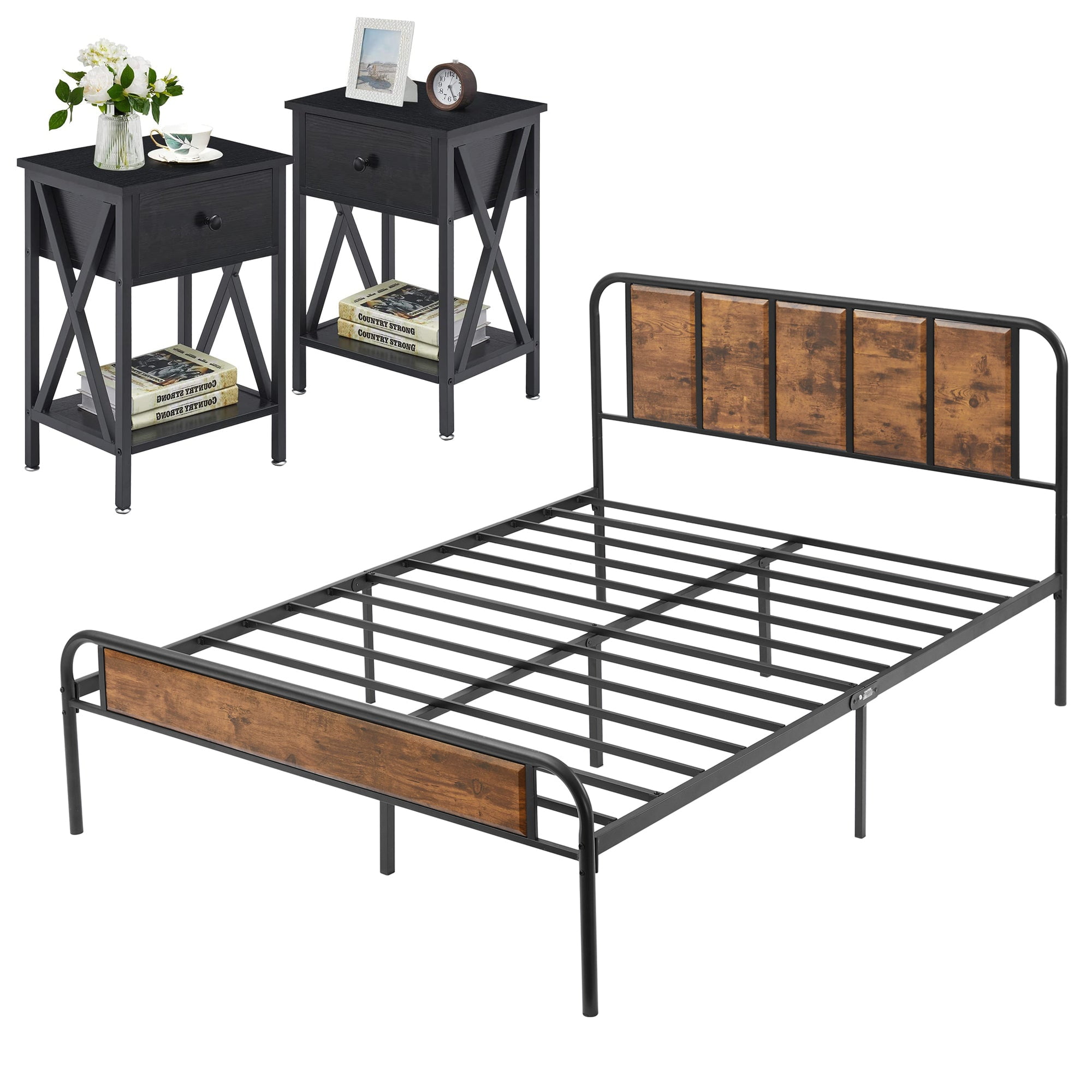 3-Piece Bedroom Size with Full Platform Bed Frame and 2 Black ...
