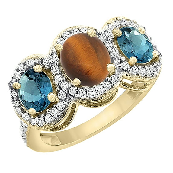 14K Yellow Gold Natural Tiger Eye & London Blue Topaz 3-Stone Ring Oval ...