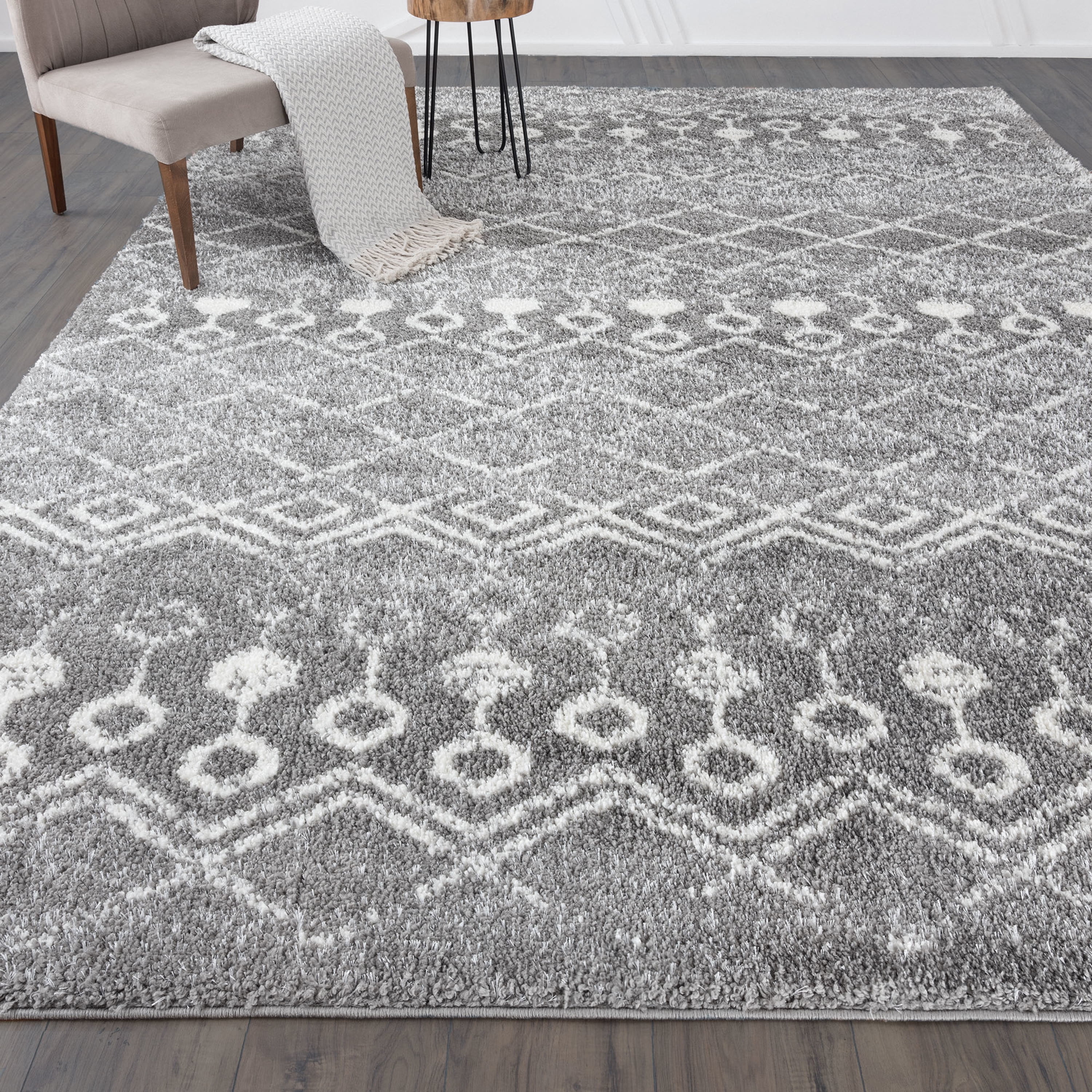 Wembley Shag Contemporary Shag Thick Medium Gray and White Area Rug, 8 ...