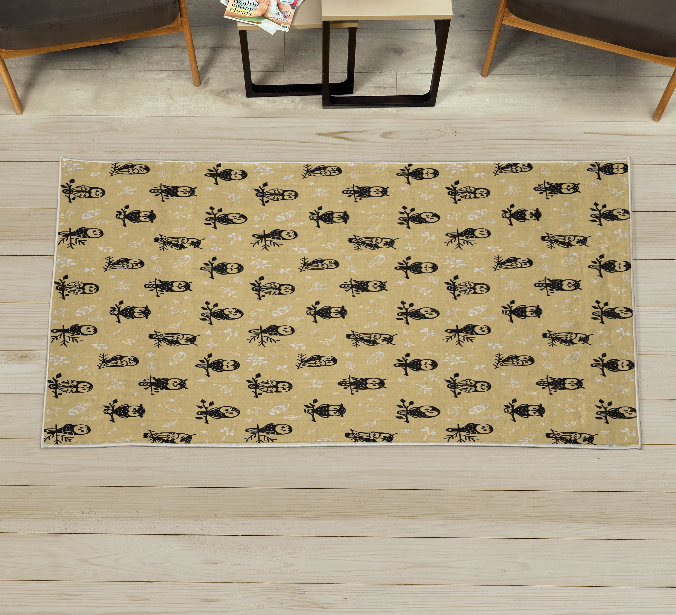 Owl Decorative Rug, Cartoon Style Illustration of Birds on the Branches ...