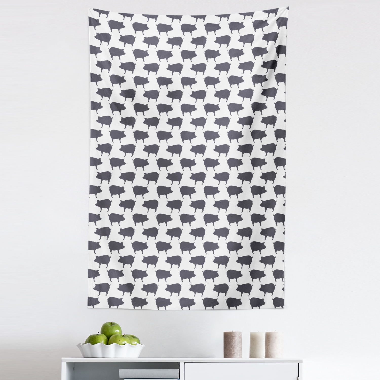 Pig Tapestry, Continuous Pig Animal Silhouette Pattern Domestic Mammal ...