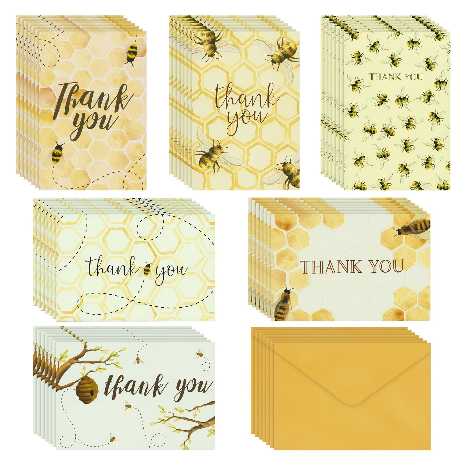 48 Pack Bee Thank you Cards Bulk, Bumblebee Honeycomb Design with ...