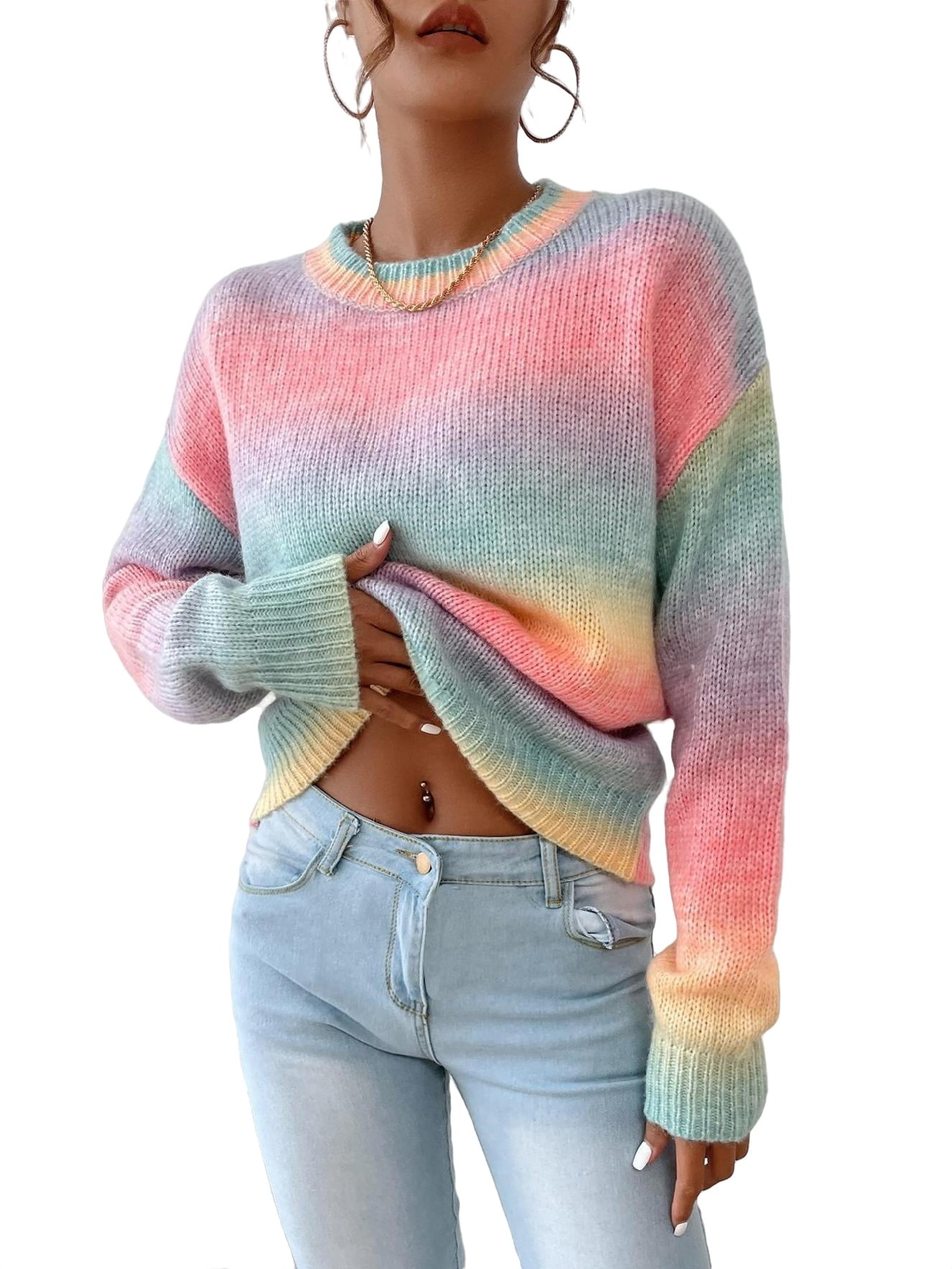 Womens Sweaters Casual Ombre Round Neck Pullovers Multicolor S ...