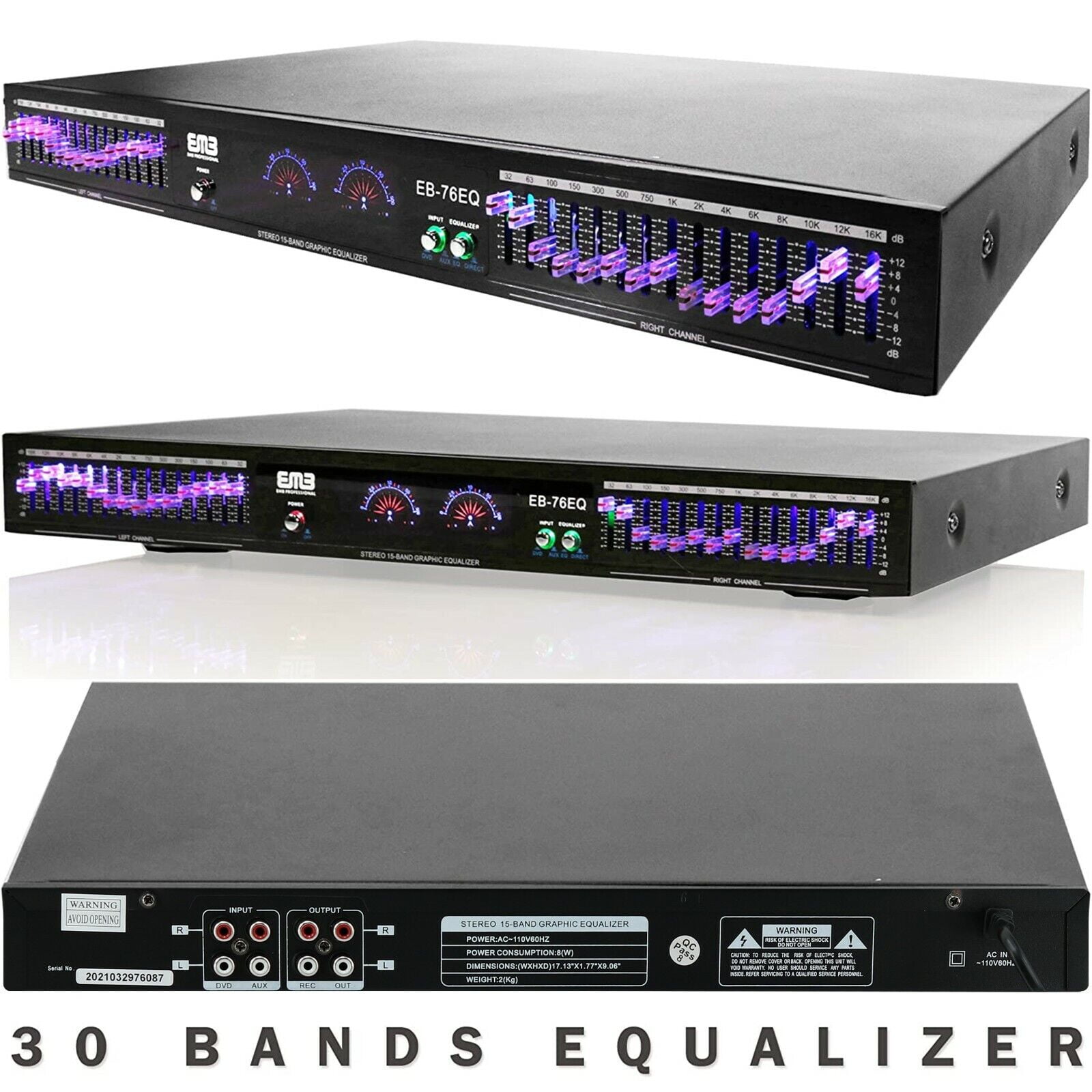 EMB EQ76 19'' Rack Mount Dual 15 Band 4 Input Stereo Graphic Equalizer ...