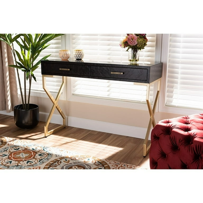 Baxton Studio Carville Dark Brown Faux Leather Upholstered Gold 2 Drawer Console Table